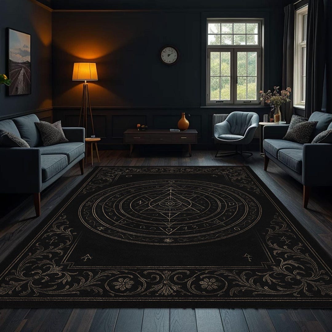 Mystical Black Rug With Occult Symbols Alchemy Circle Gothic Witchcraft ...