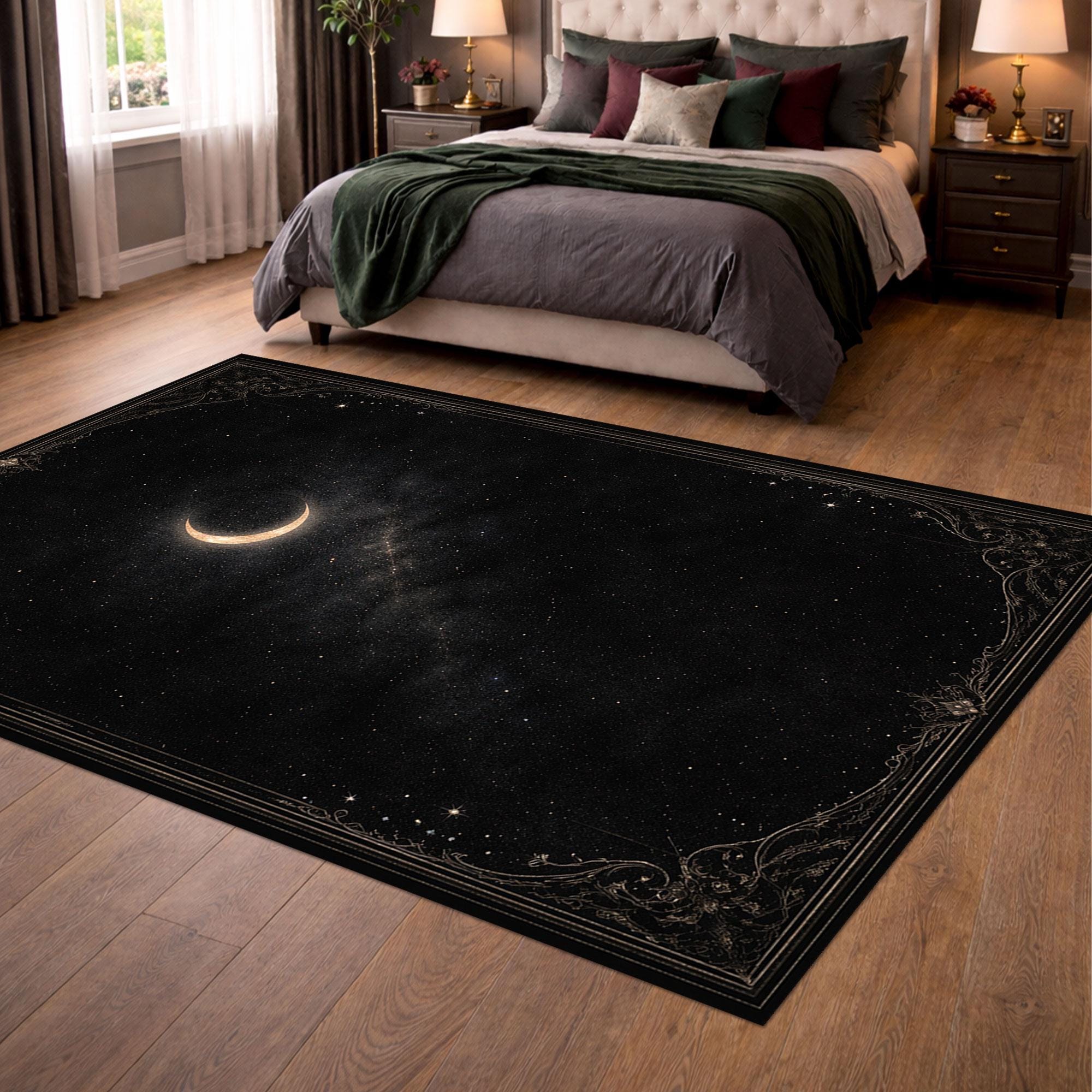 Gothic Crescent Moon Rug Carpet, Black Gold Celestial Area Rug for ...