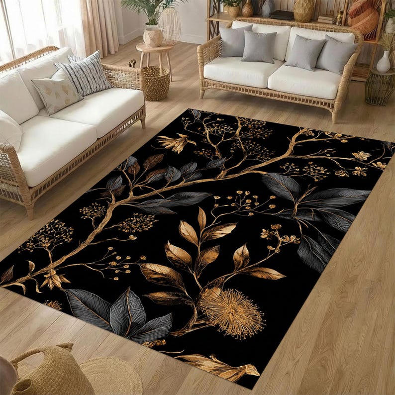Black Gold Botanical Rug, Floral Area Carpet With Elegant Branch and ...