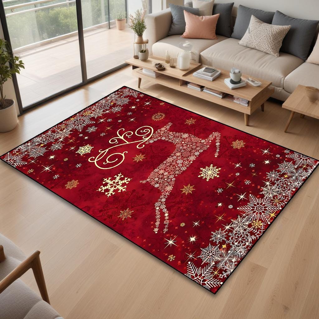 Deer Rug, Snowflake Christmas Rug, Red Deer Rug Festive Christmas Rug ...