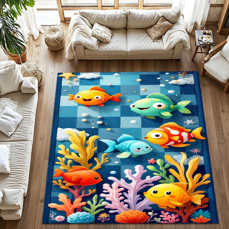 Ocean Adventure Fish Rug – Colorful Coral Reef Kids Playroom Carpet ...