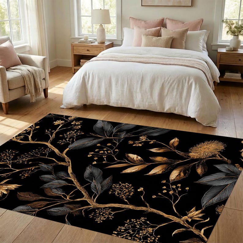 Black Gold Botanical Rug, Floral Area Carpet With Elegant Branch and ...