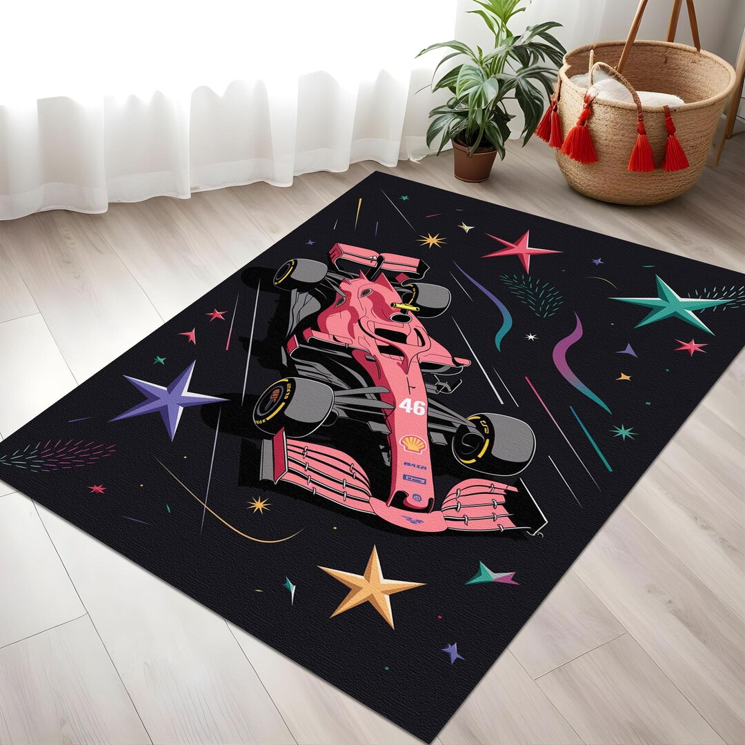 Formula 1 Racing Car Rug for Kids Room - Pink Formula 1 Themed Rug ...