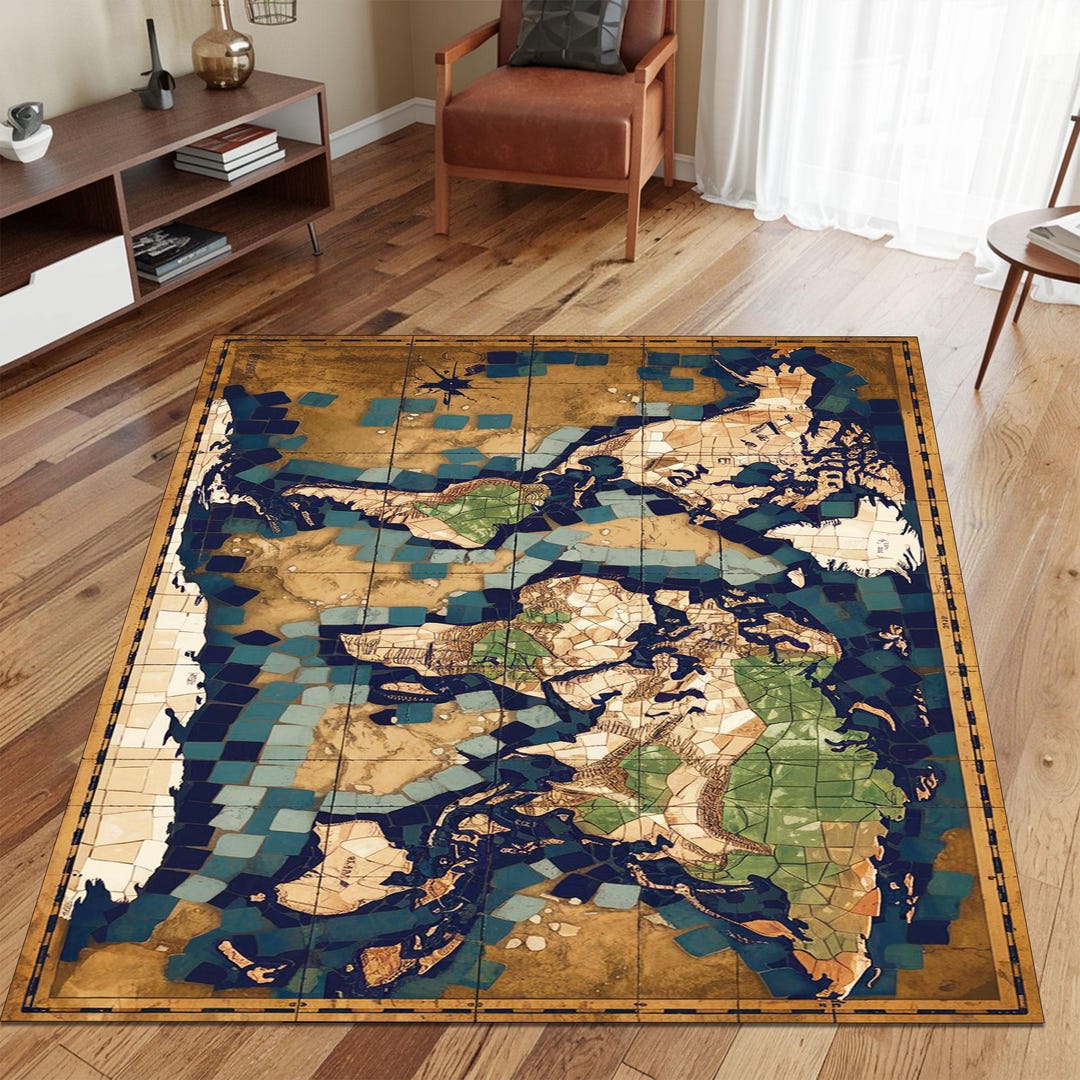 World Map Digital Rug | Mosaic Style Geographic Floor Art With Blue ...