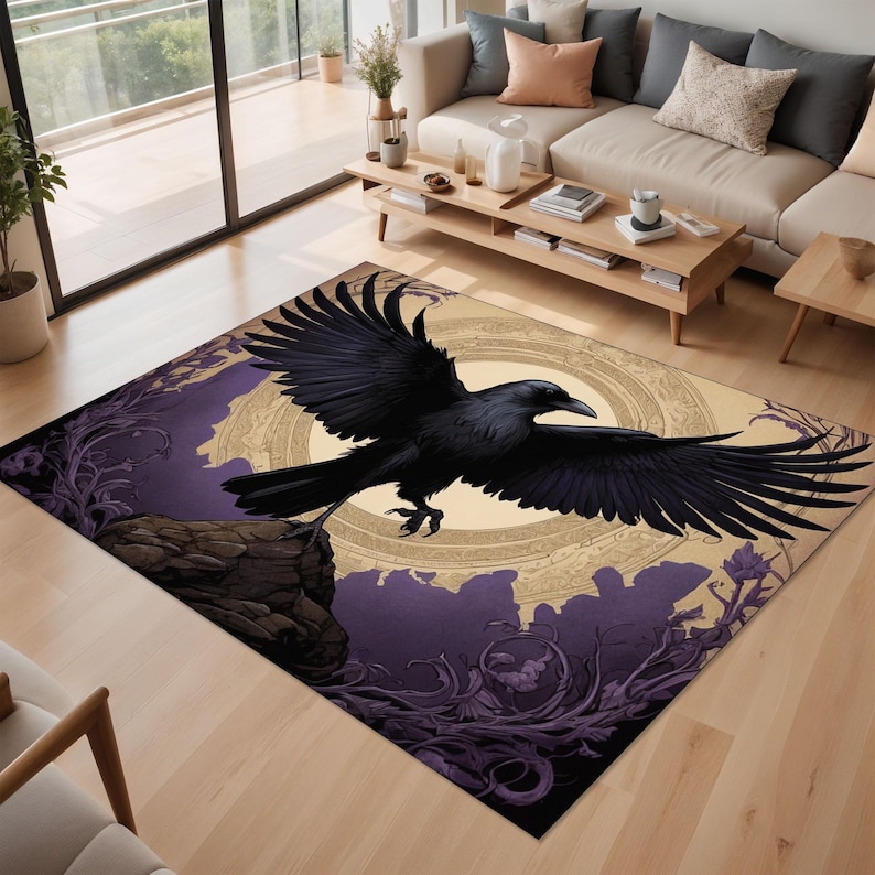 Gothic Raven Rug With Flying Crow and Baroque Moon Motif, Dark Academia ...