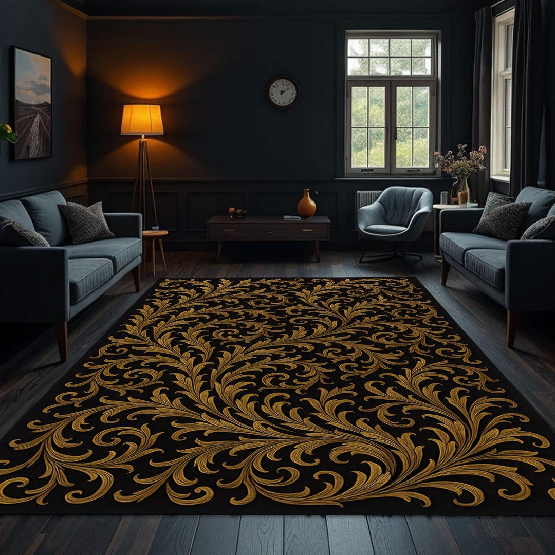 Black and Gold Baroque Rug, Ornate Swirl Leaf Pattern, Sophisticated ...