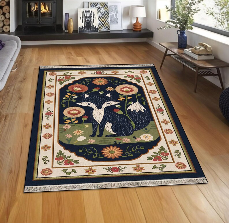Animal Theme Rug, Cute Fox Rug, Flower Rug, Cute Decor, for Living Room ...