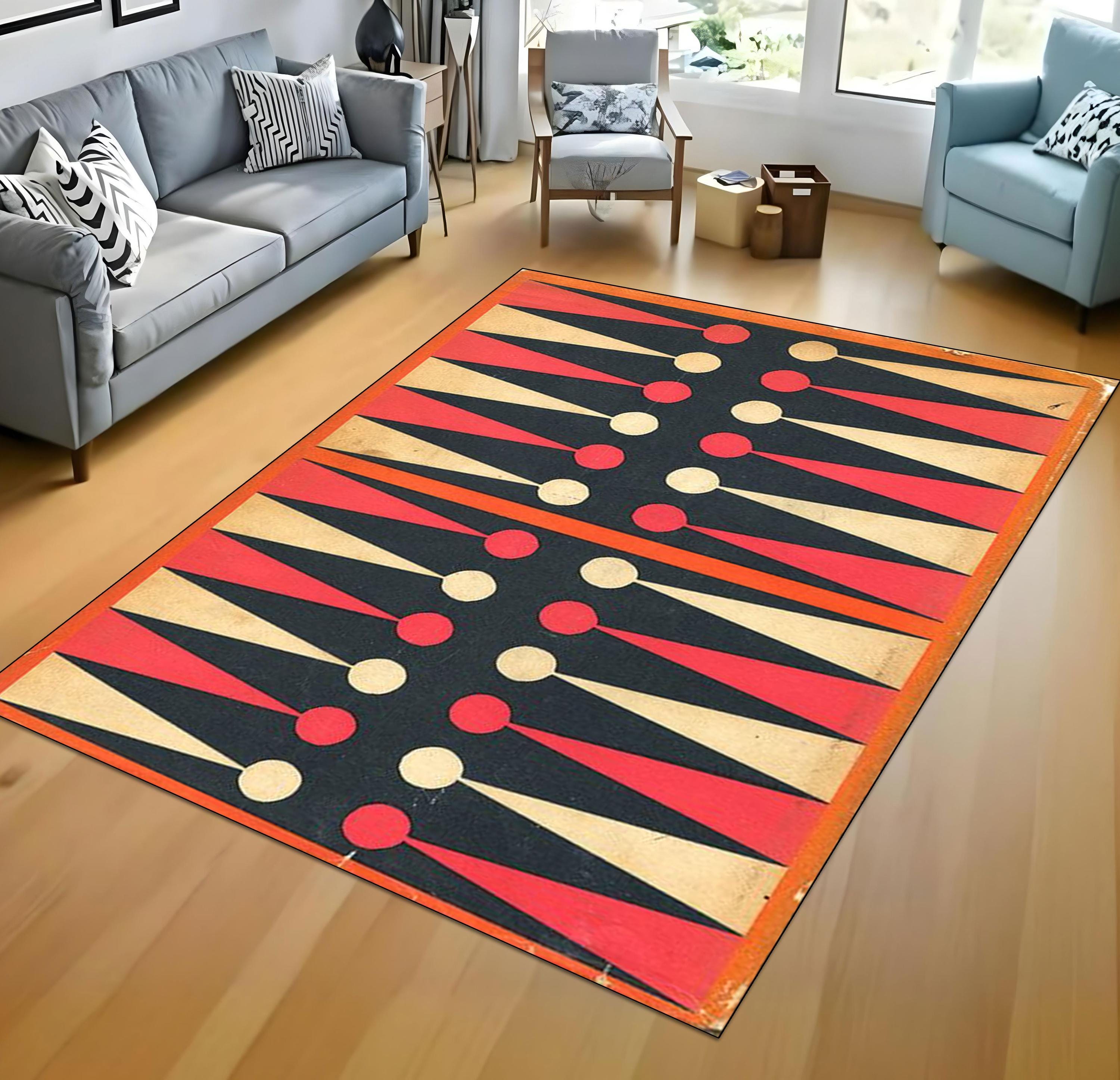 Backgammon Rug, Game Board Carpet, Retro Triangle Rug, Bold Red Black ...