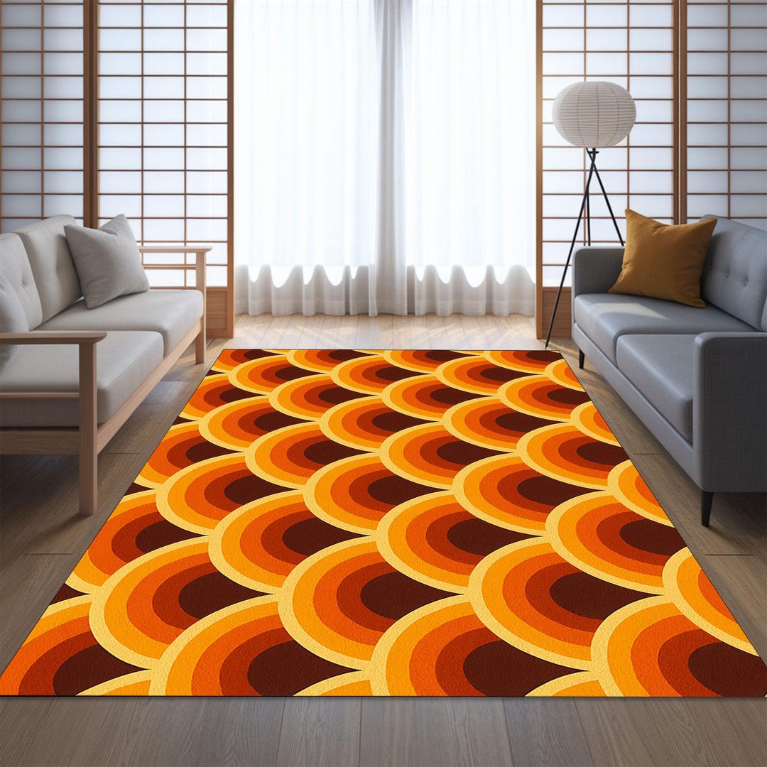 Retro Rug, Outdoor Patio Mat, 70s Arc Mat, Orange Yellow Pattern ...