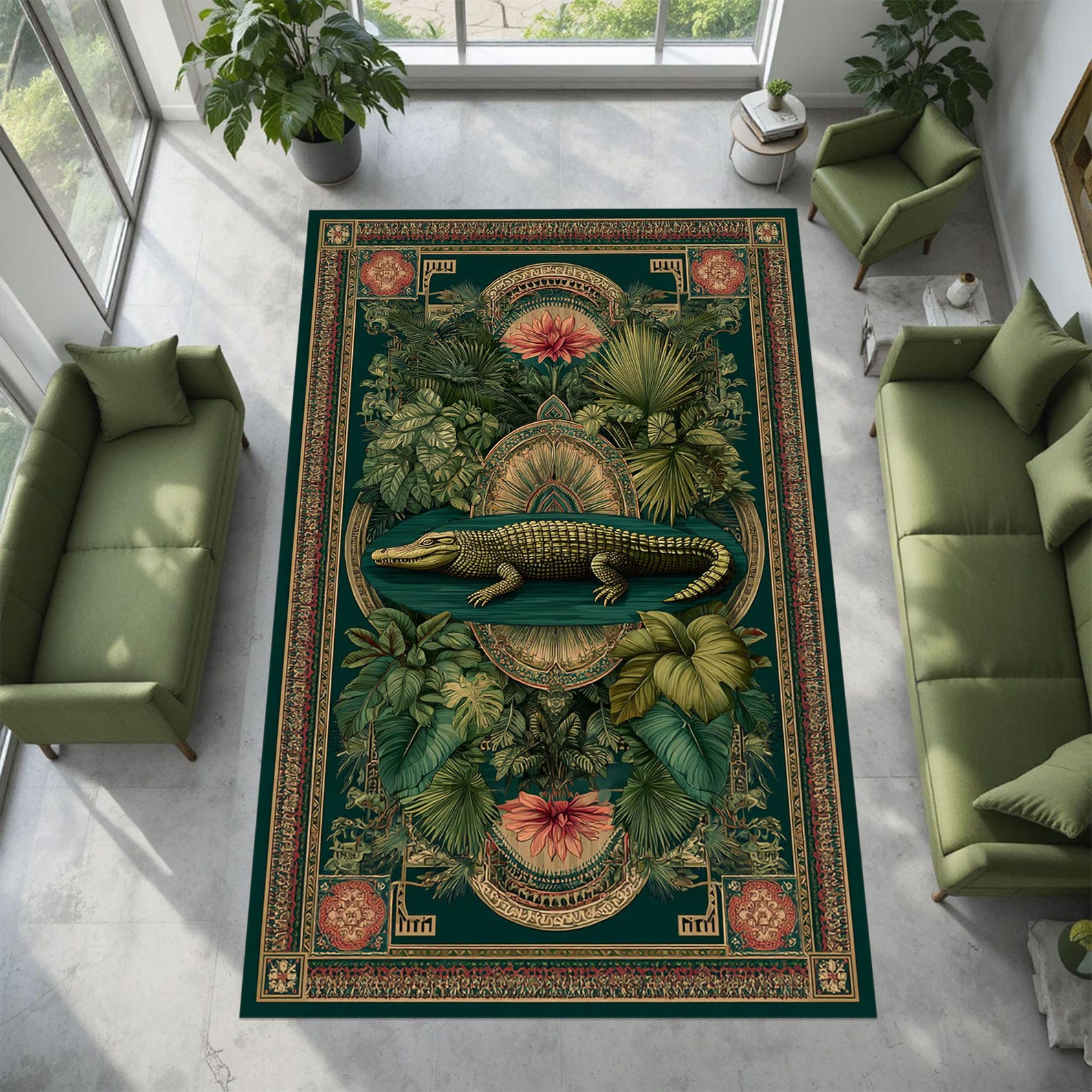 Crocodile Tropical Jungle Rug Exotic Botanical Style Living Room Carpet ...