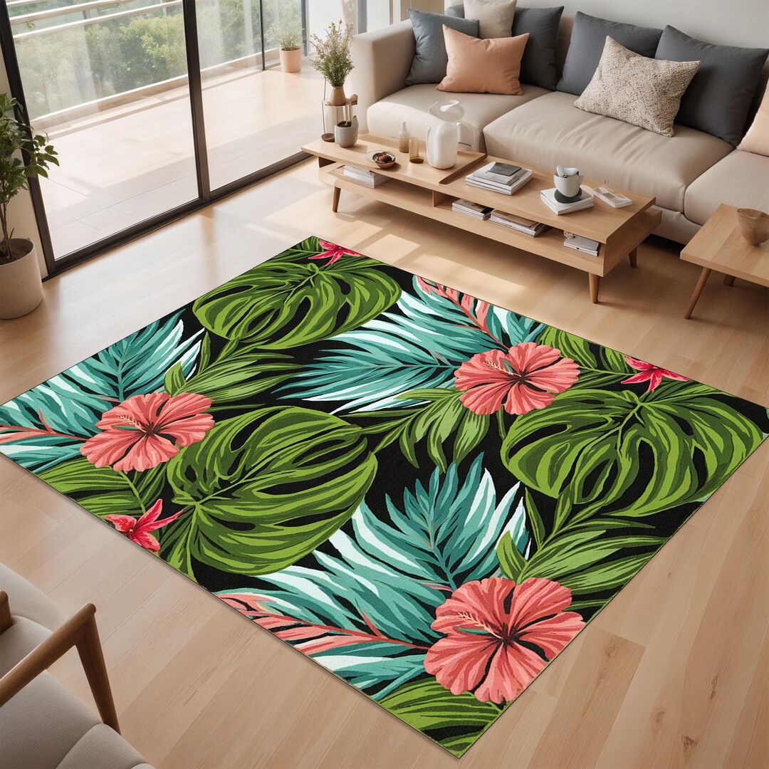 Tropical Rug, Botanical Carpet, Jungle Leaf Mat, Hibiscus Flower Decor ...