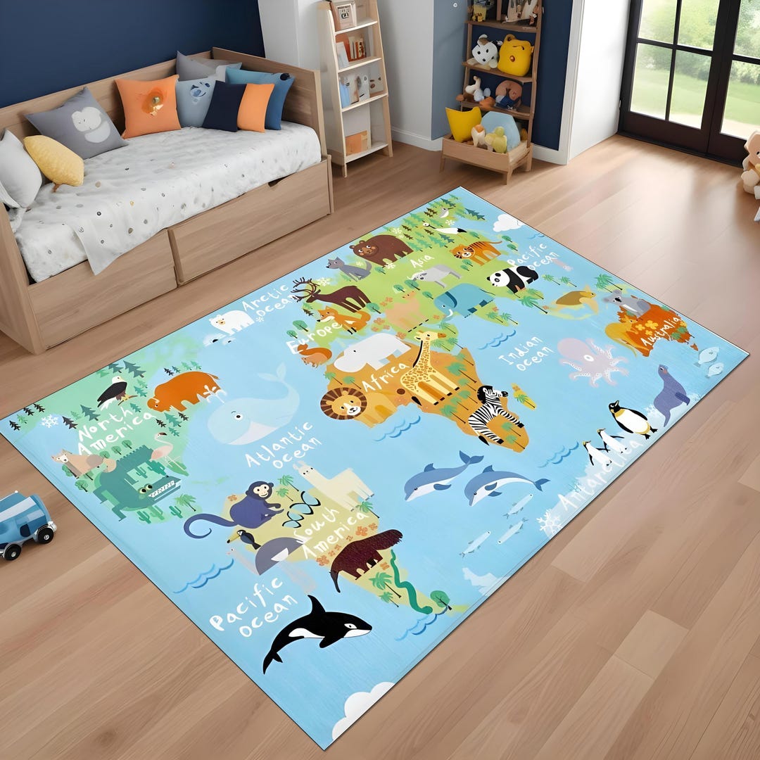 Animal World Map Rug, Interactive Learning World Map Rug, Kids Room Rug ...