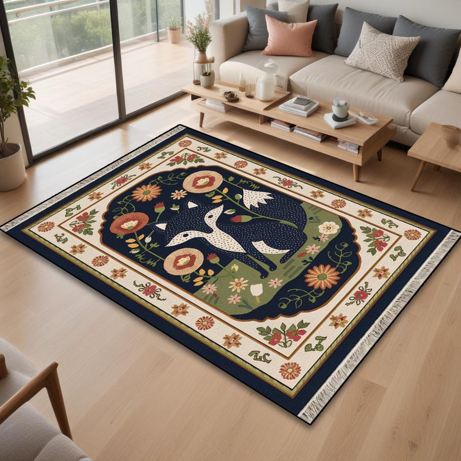 Animal Theme Rug, Cute Fox Rug, Flower Rug, Cute Decor, for Living Room ...