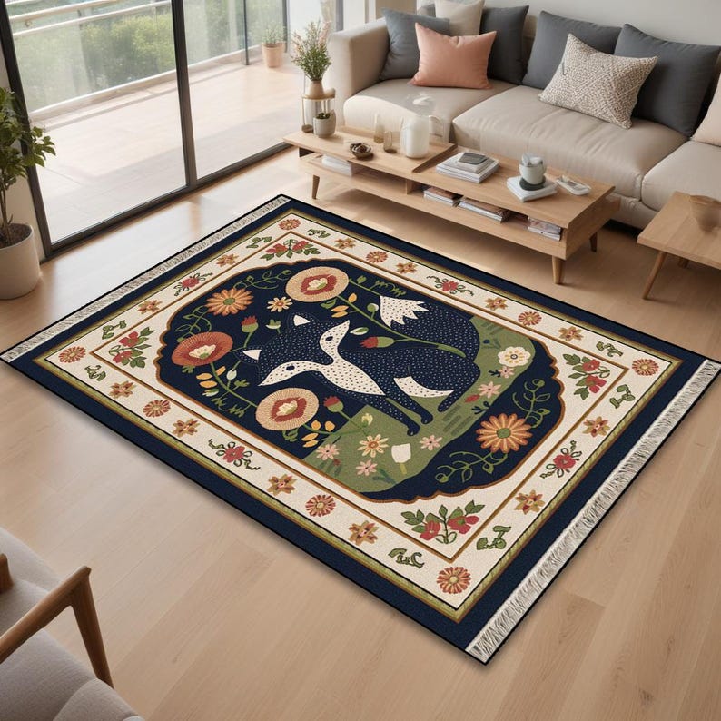 Animal Theme Rug, Cute Fox Rug, Flower Rug, Cute Decor, for Living Room ...