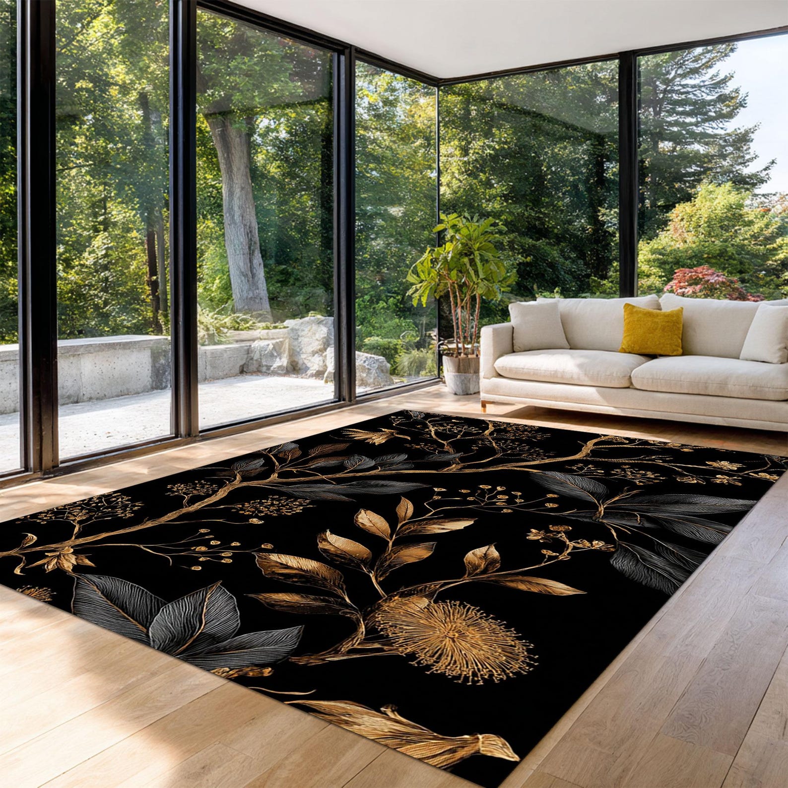 Black Gold Botanical Rug, Floral Area Carpet With Elegant Branch and ...