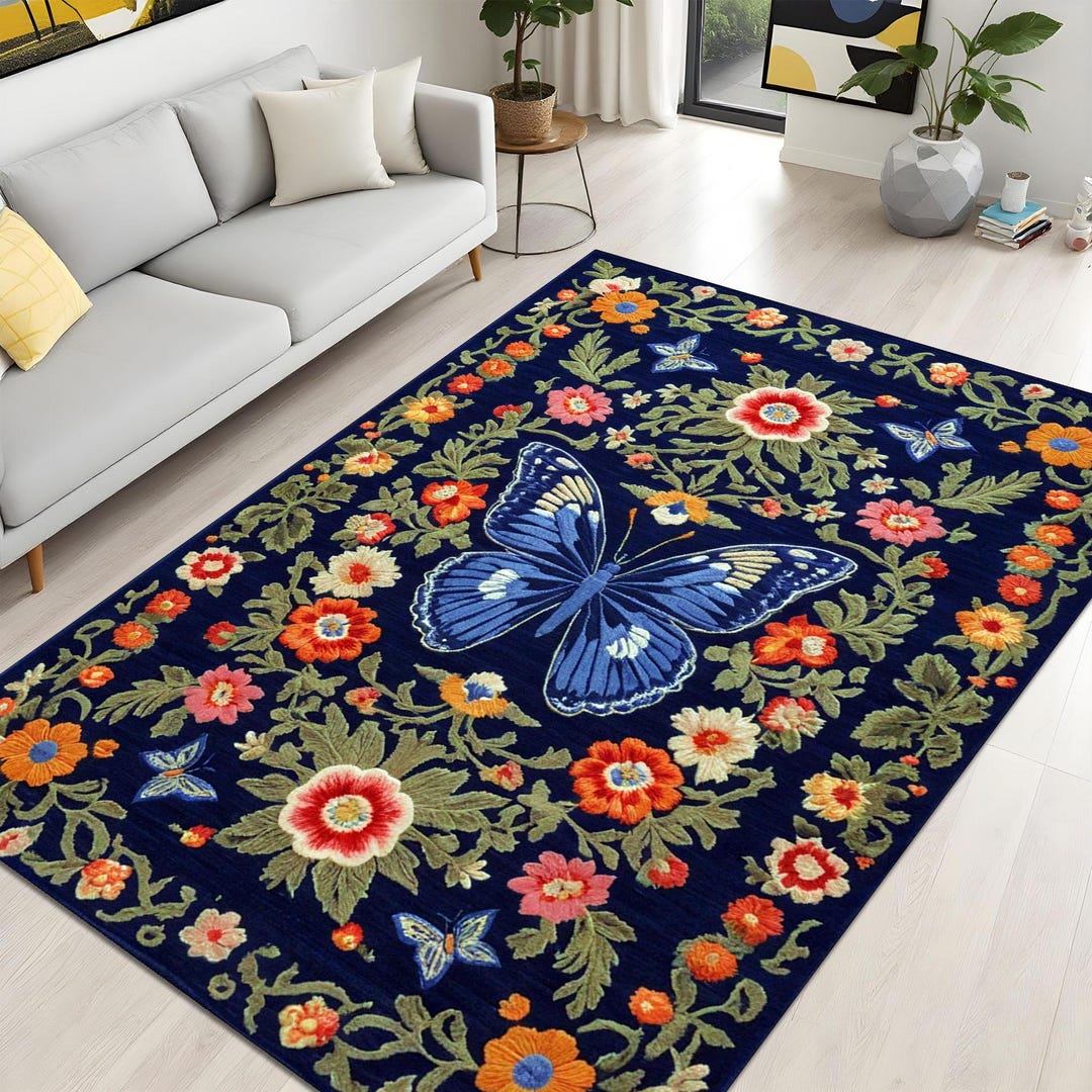 Butterfly and Floral Rug, Elegant and Colorful Decor, Butterfly and ...