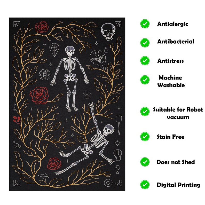 Skeleton Rug With Gothic Roses & Mystic Symbols – Washable Black Carpet ...