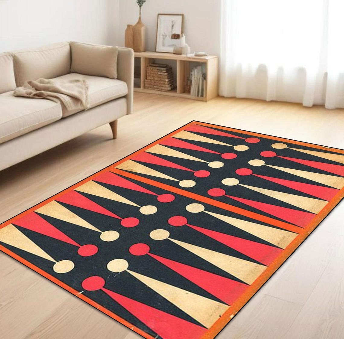 Backgammon Rug, Game Board Carpet, Retro Triangle Rug, Bold Red Black ...