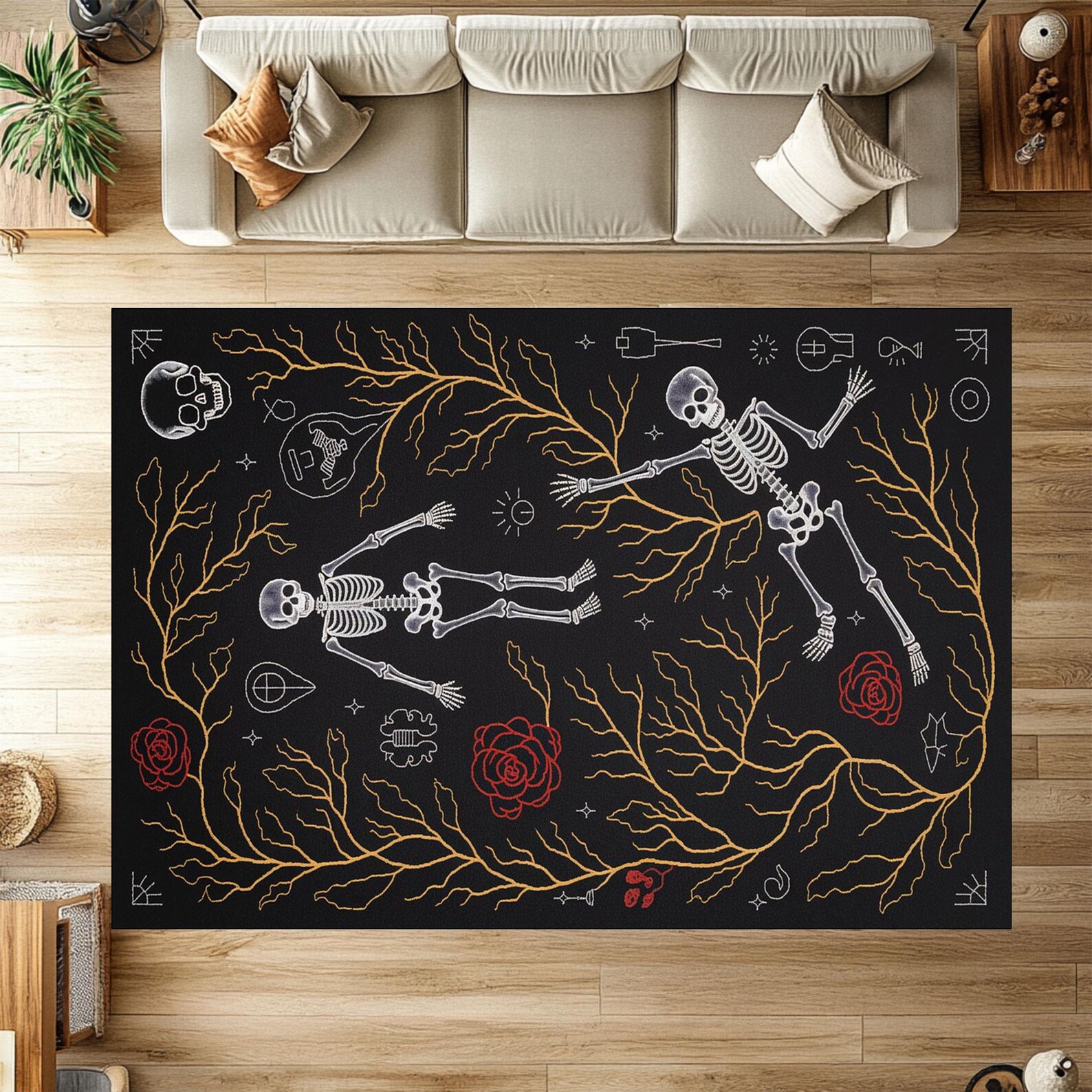 Skeleton Rug With Gothic Roses & Mystic Symbols – Washable Black Carpet ...