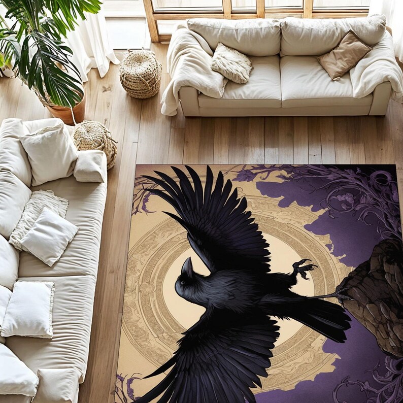 Gothic Raven Rug With Flying Crow and Baroque Moon Motif, Dark Academia ...