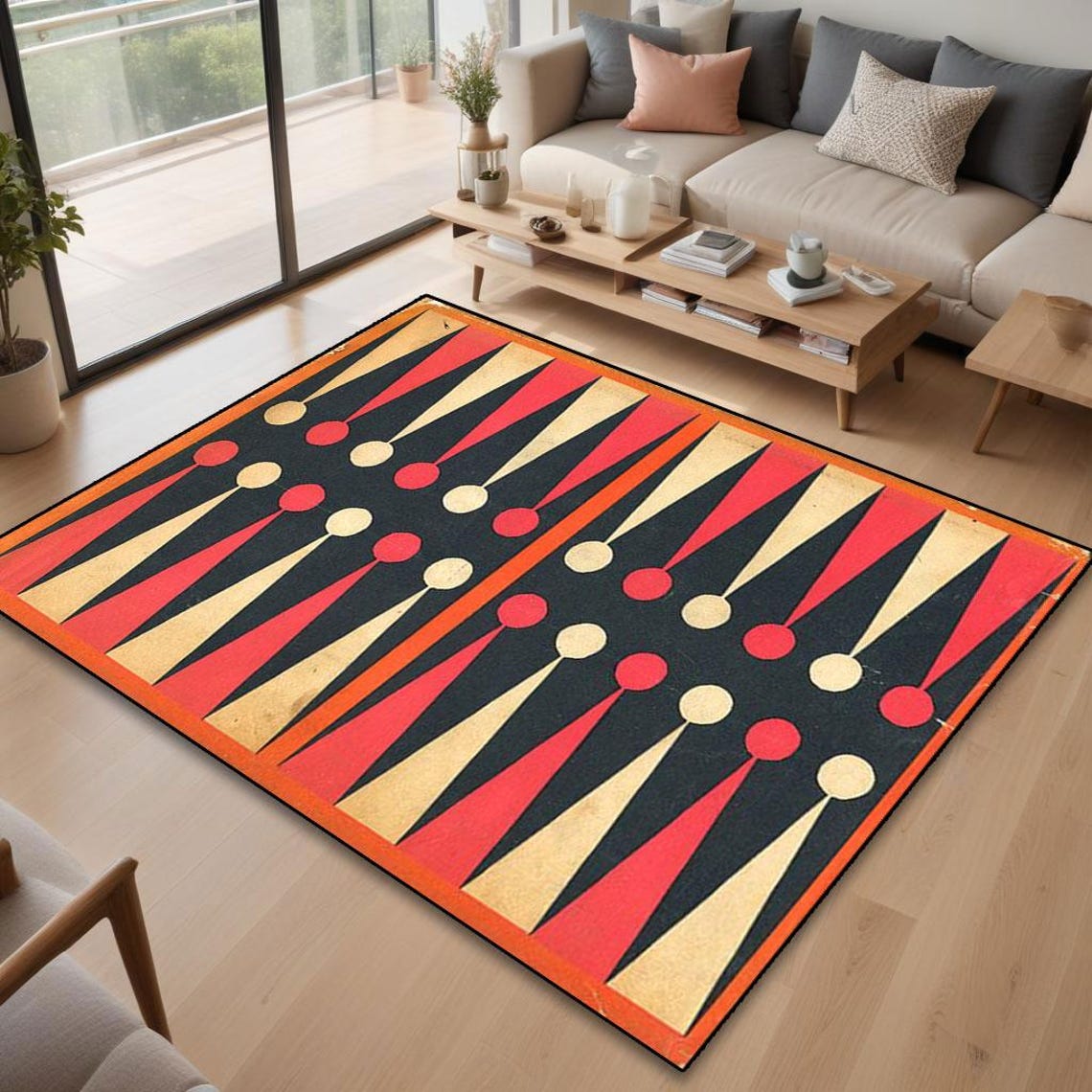Backgammon Rug, Game Board Carpet, Retro Triangle Rug, Bold Red Black ...