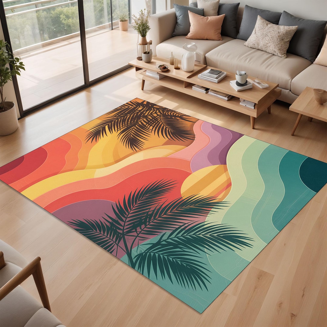 Retro Sunset Wave Rug With Palm Tree Silhouettes, Colorful Summer ...
