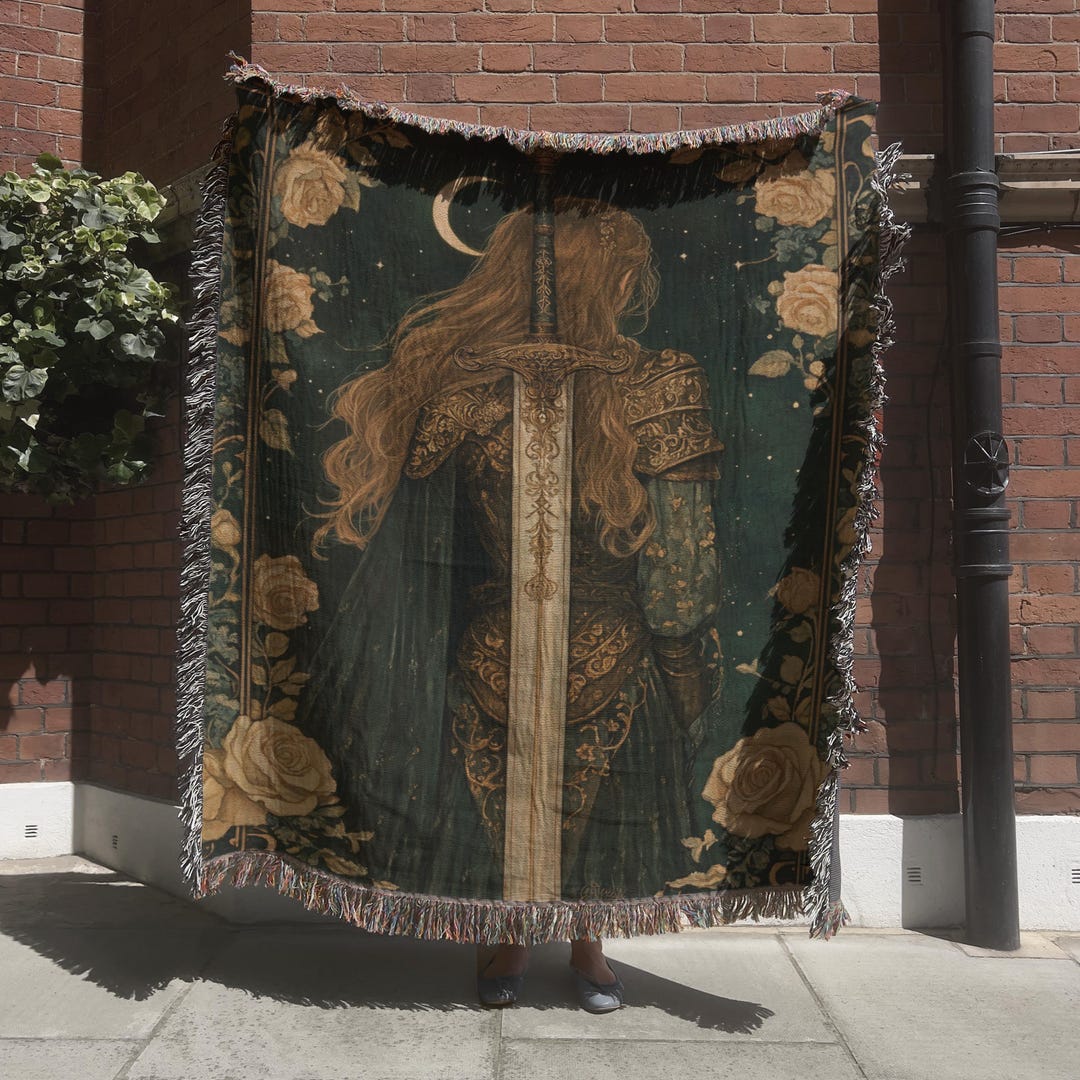 Medieval Warrior & Sword Woven Throw Blanket, Floral Moonlit Fantasy ...