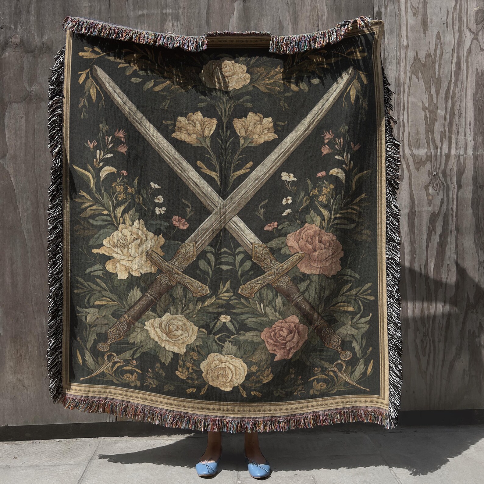Medieval Sword Tapestry Woven Blanket, Crossed Sword Floral Tapestry ...