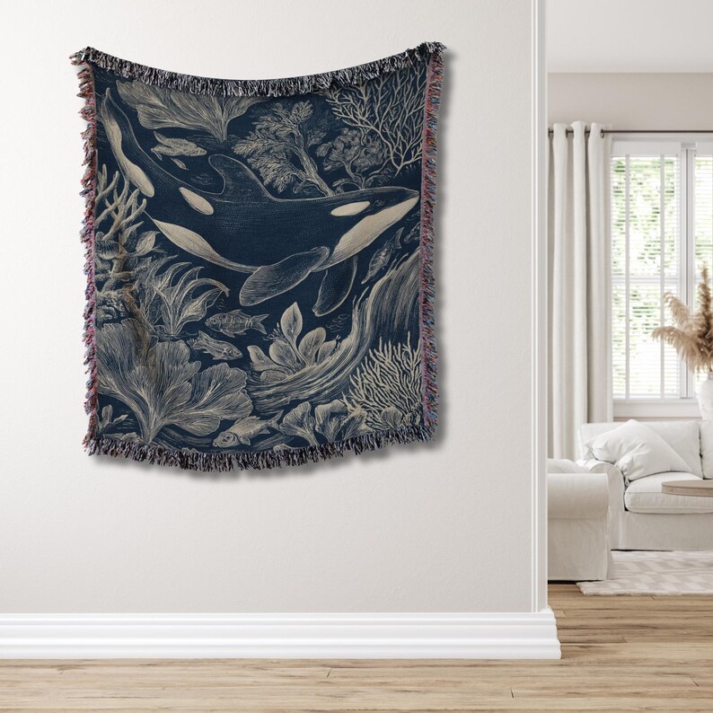 Orca Ocean Scene Woven Blanket; Nautical Marine Tapestry With Coral ...