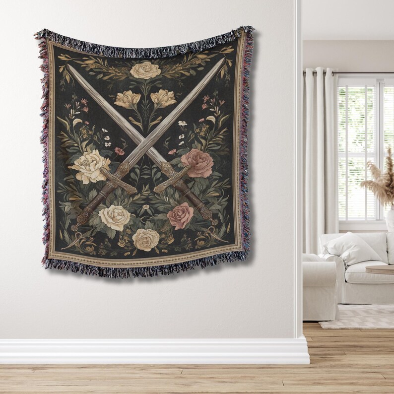 Medieval Sword Tapestry Woven Blanket, Crossed Sword Floral Tapestry ...