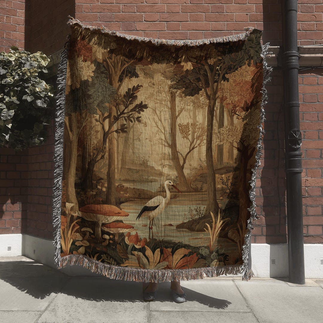Forest Scene Tapestry With Stork; Autumn Woodland Woven Blanket With ...