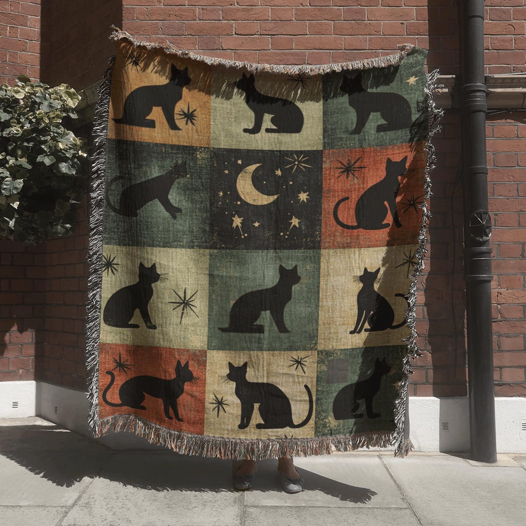 Celestial Black Cat Woven Tapestry, Checkerboard Cat Collage Throw ...