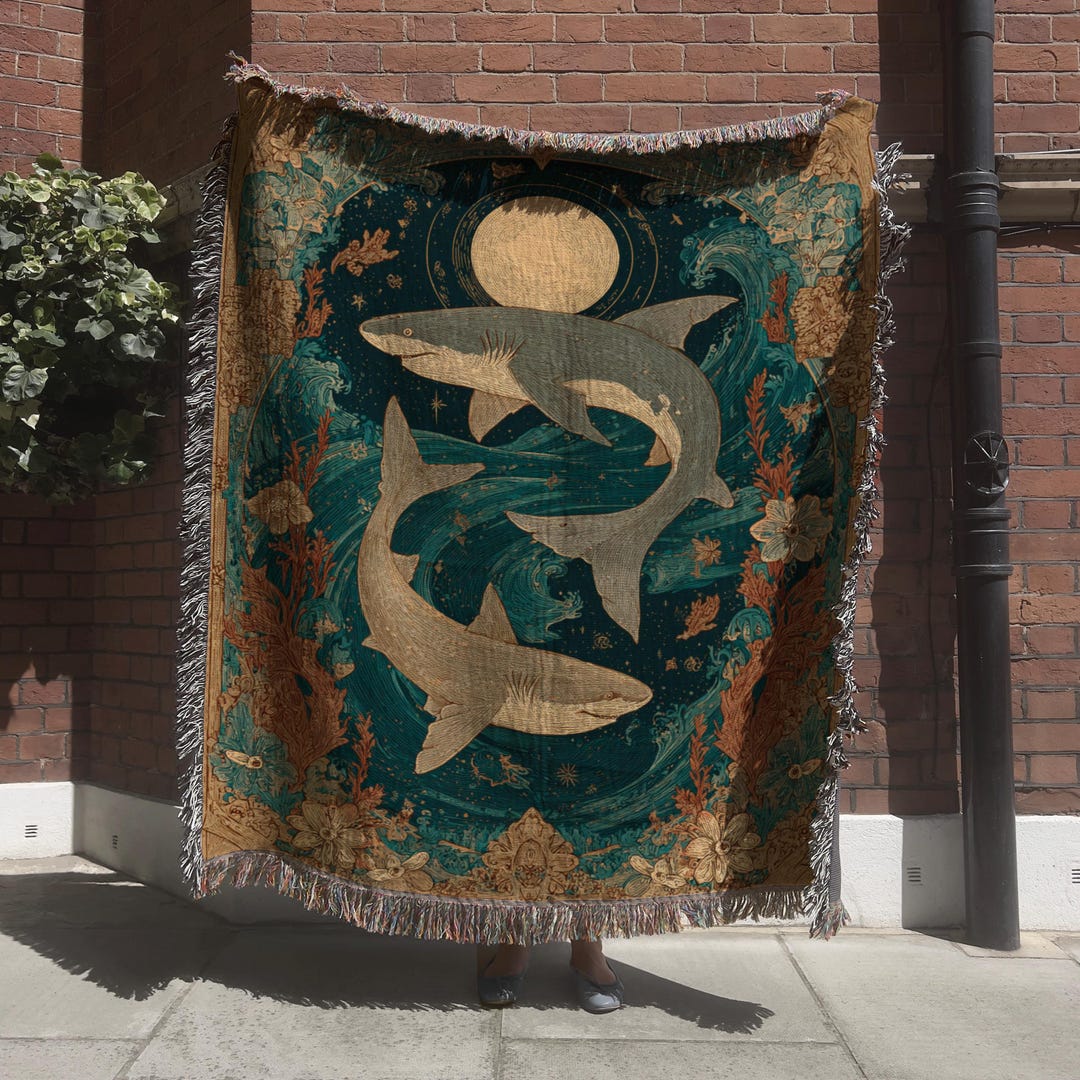 Celestial Shark Tapestry Wit Florals; Nautical Sea Animal Woven Blanket ...