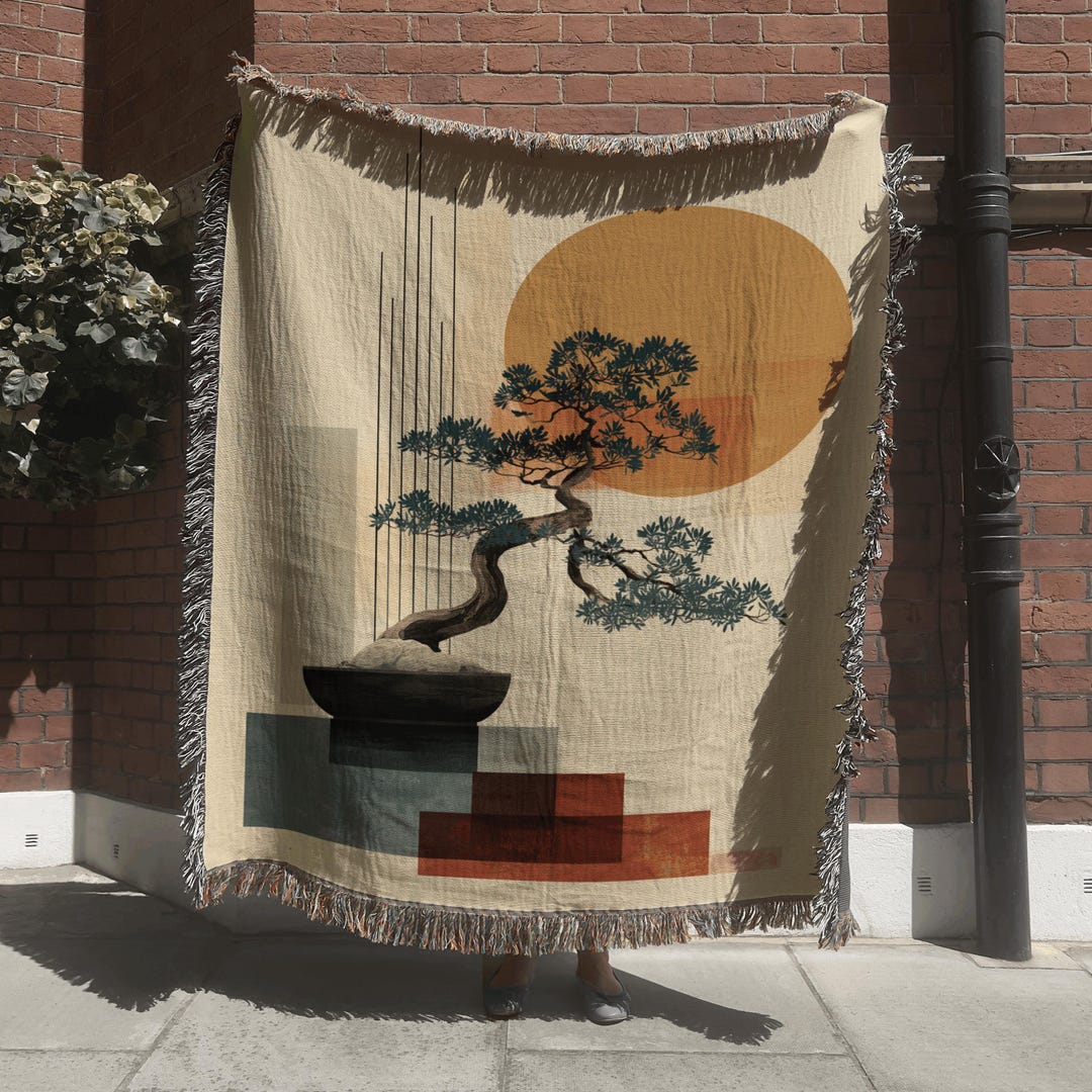 Zen Japanese Bonsai Tree Tapestry; Asian Minimalist Woven Blanket With ...