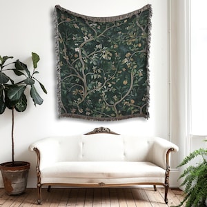 Forest Tapestry, Dark Green Forest Fern Leaf Woven Throw Blanket ...