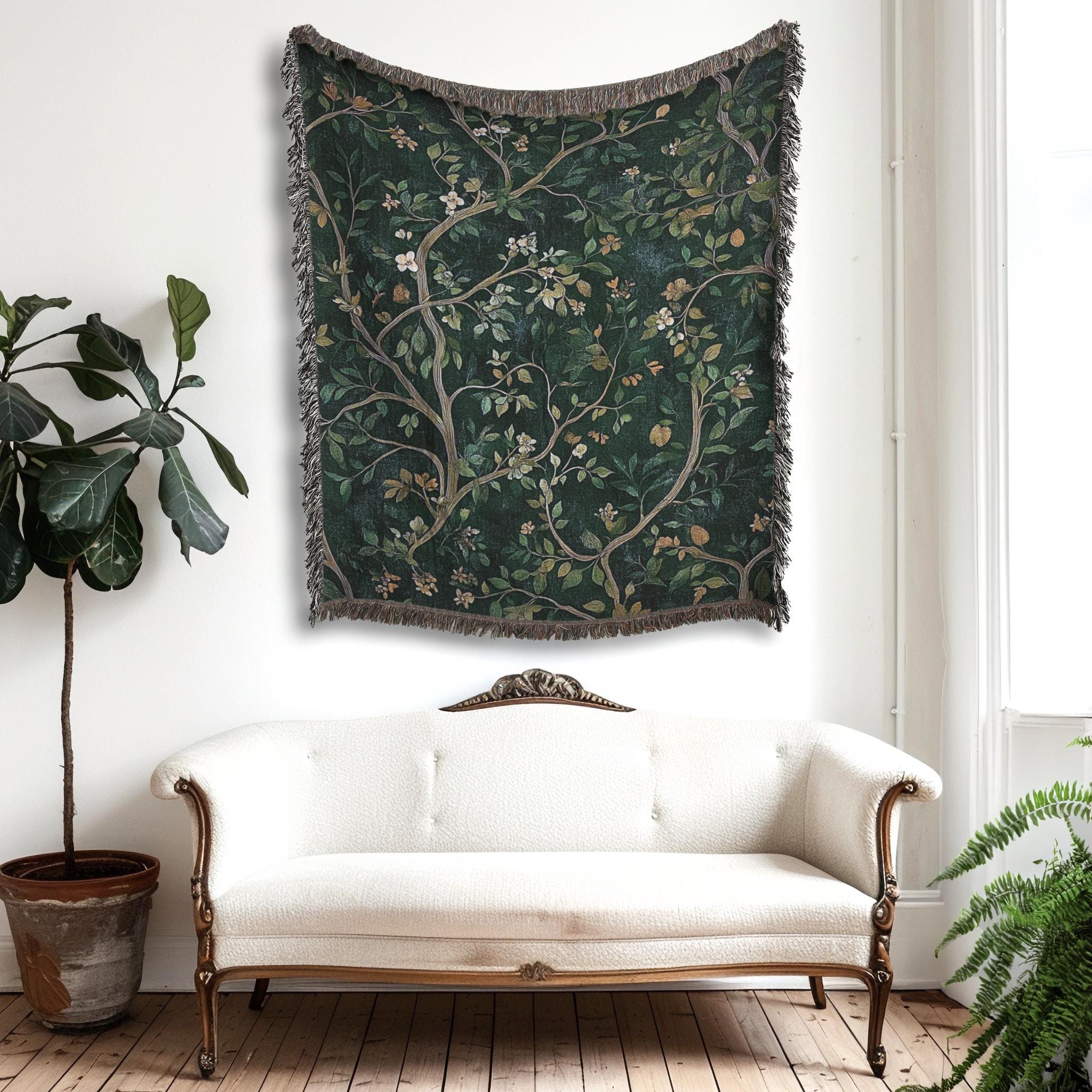 Forest Tapestry, Dark Green Forest Fern Leaf Woven Throw Blanket ...