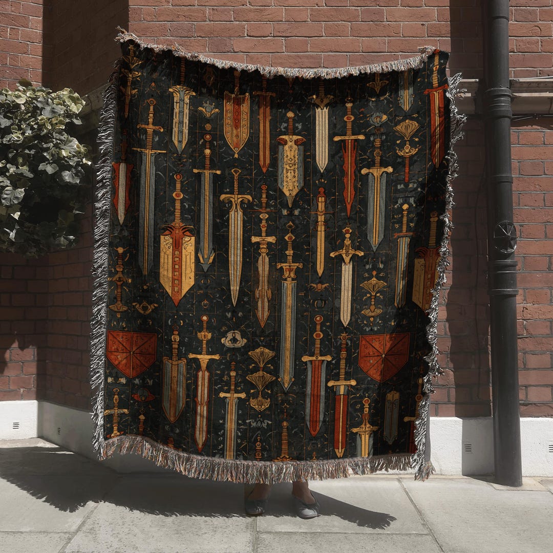 Medieval Sword Pattern Tapestry; Victorian Woven Blanket With Shields ...