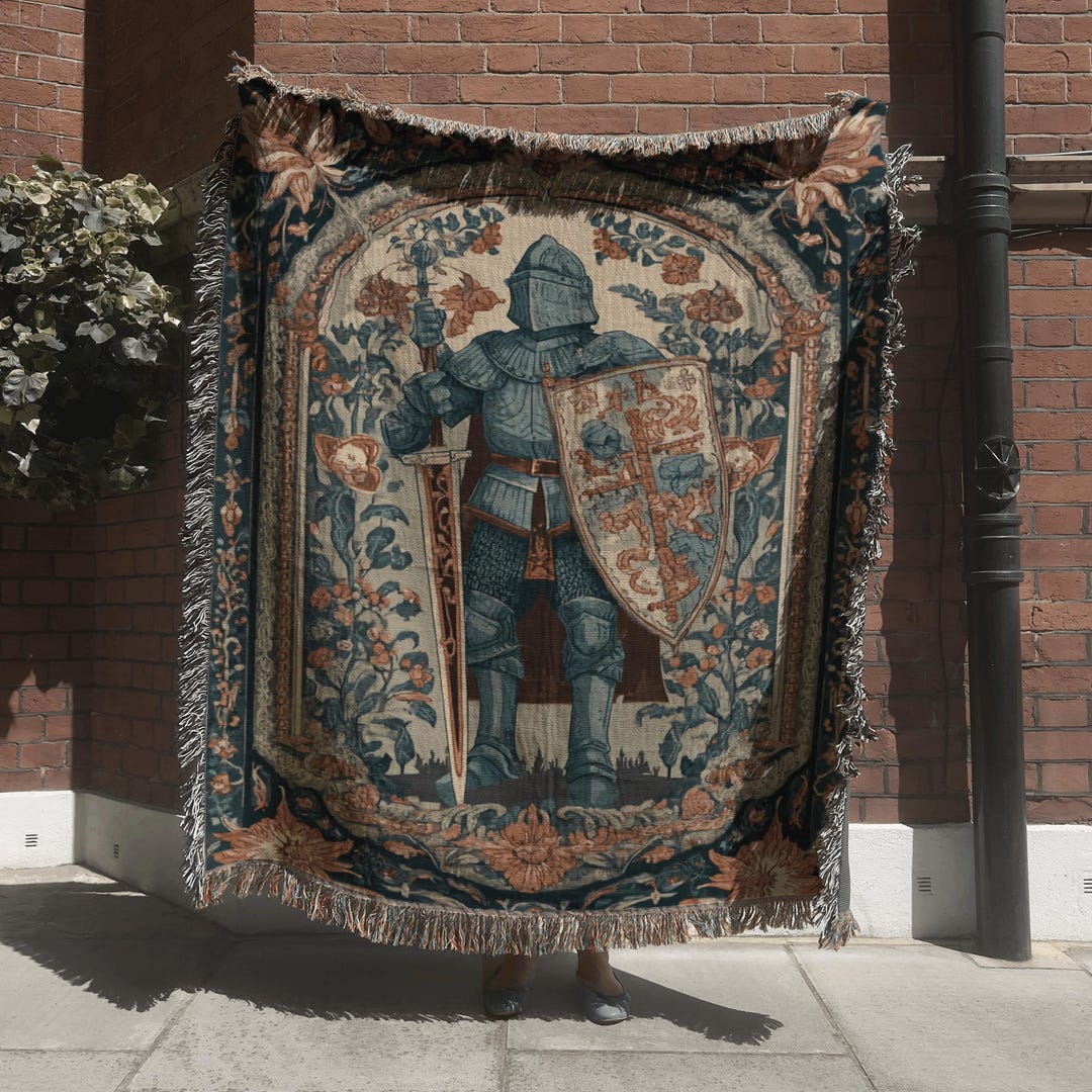 Medieval Armor Tapestry, Knight With Heraldic Shield Woven Blanket ...