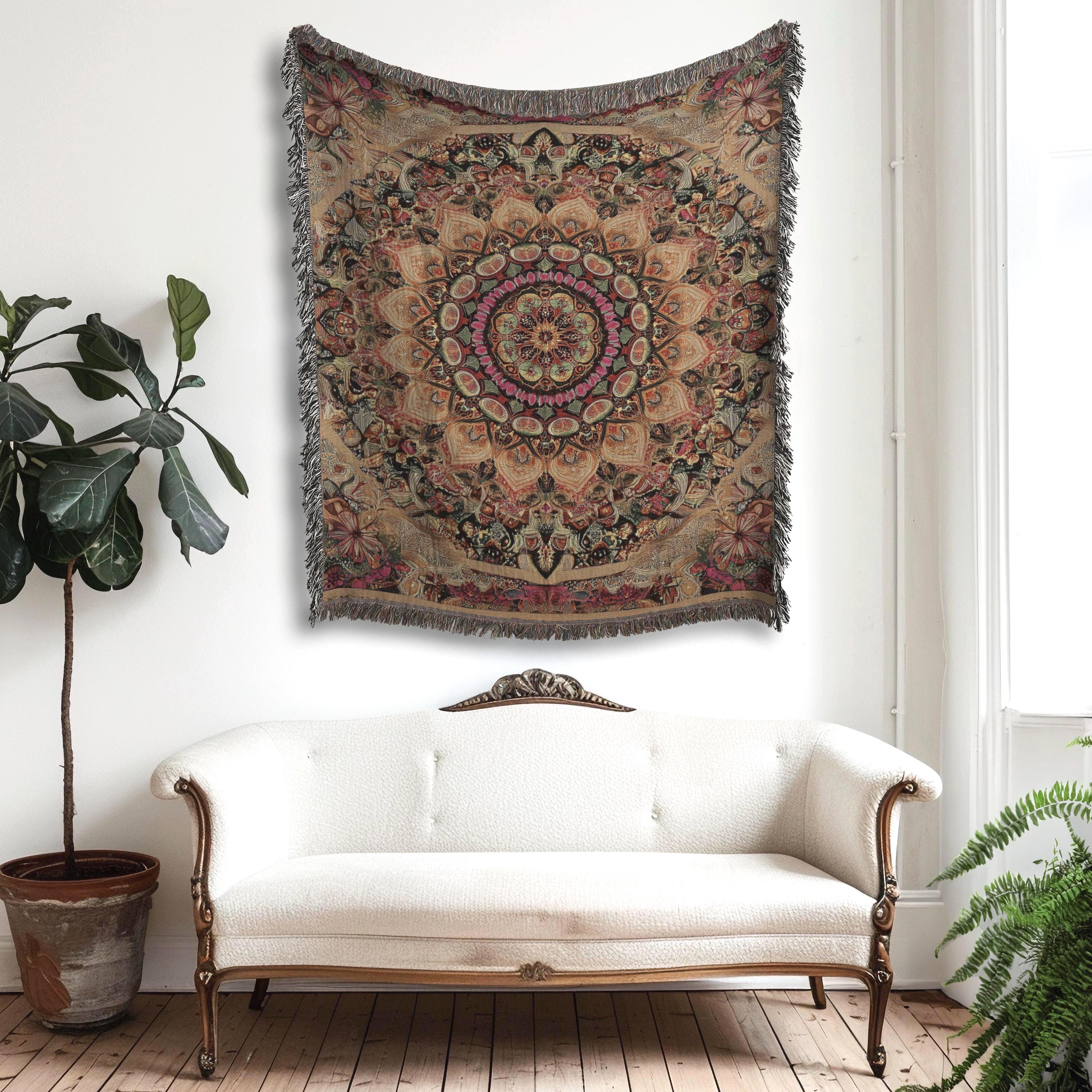 Bohemian Mandala Woven Tapestry, Boho Indian Wall Hanging, Orange ...