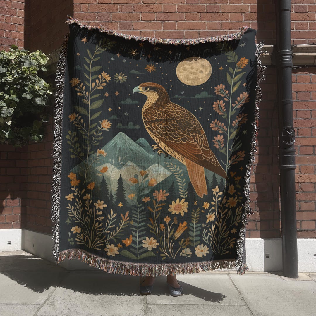 Celestial Falcon Folk Art Tapestry, Bird Throw, Night Sky Floral ...