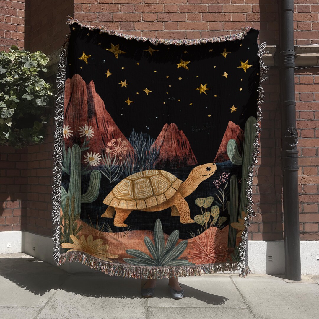 Desert Night Sky Woven Blanket; Southwestern Tortoise Cactus Tapestry ...