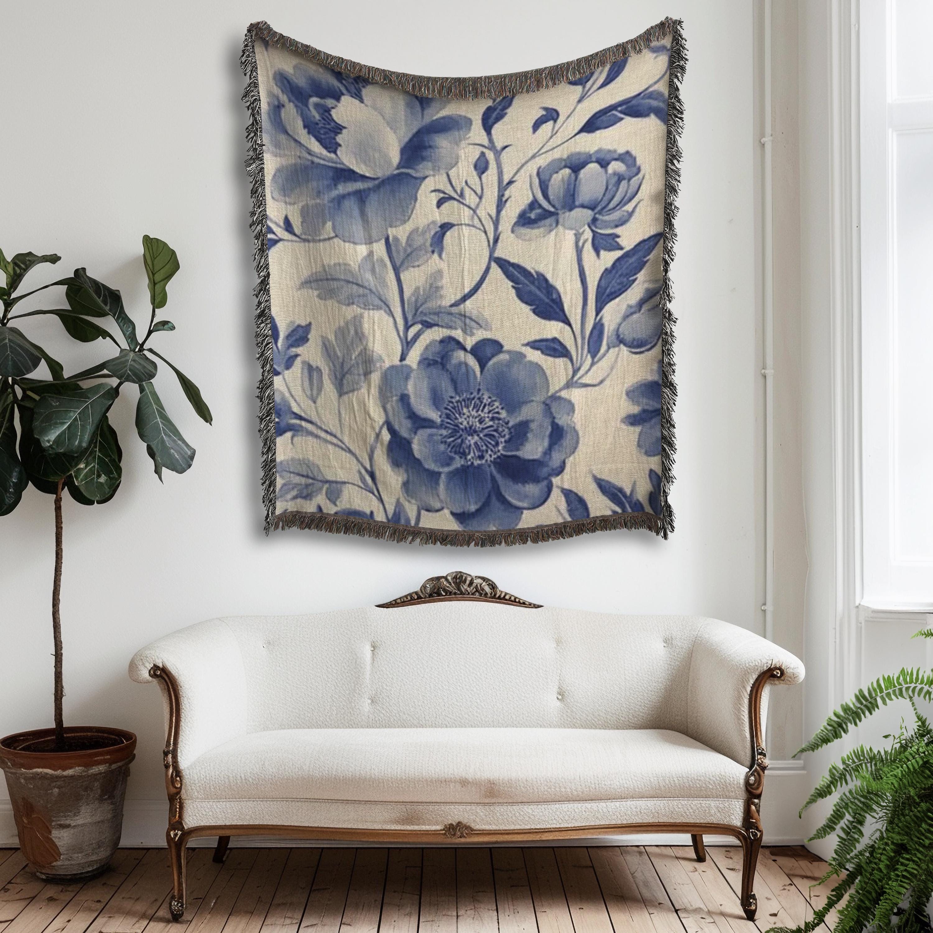 Chinoiserie Woven Throw Blanket, Toile De Jouy Wall Tapestry, White ...