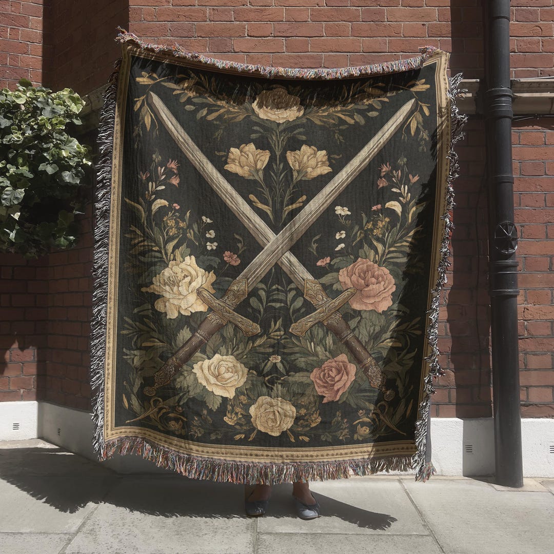 Medieval Sword Tapestry Woven Blanket, Crossed Sword Floral Tapestry ...