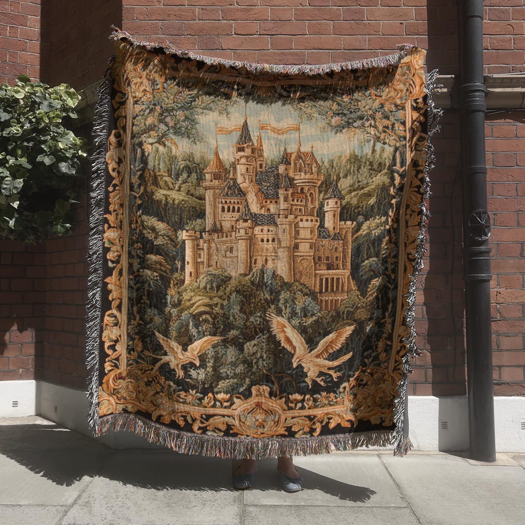Medieval Castle Fantasy Tapestry, Mytical Griffins Woven Blanket ...