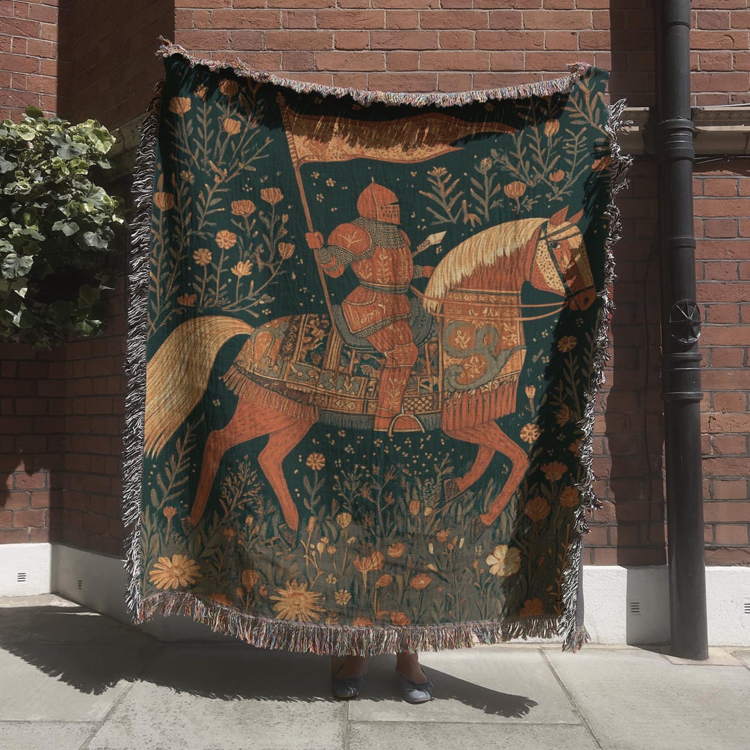 Red Knight Medieval Tapestry, Armored Warrior Horseback Woven Wall ...