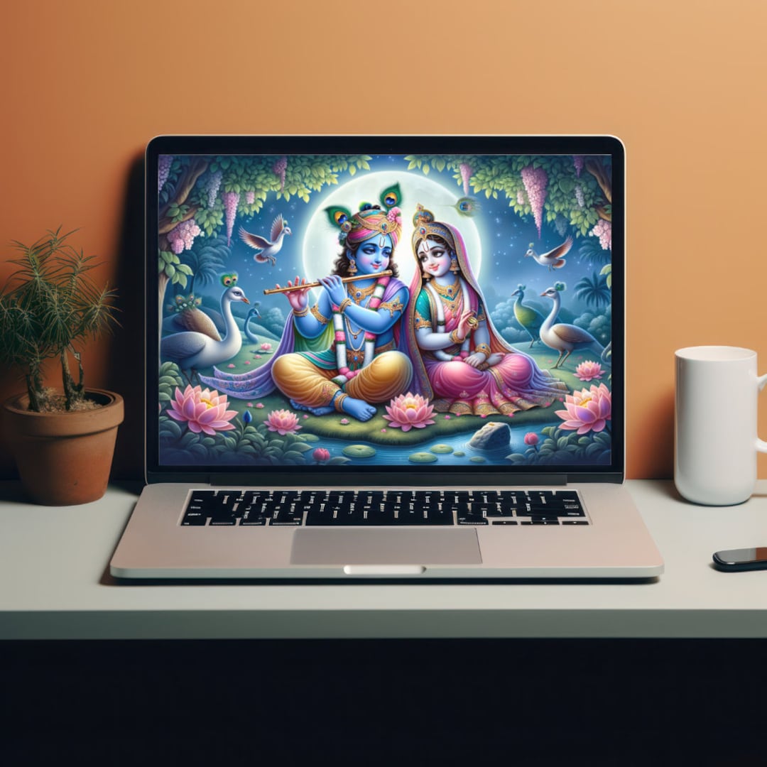 Radha and Krishna Laptop/pc Wallpaper Vibrant Vrindavan Scene, High ...