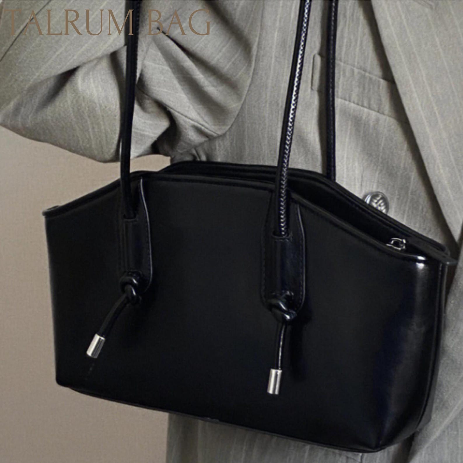 Shiny Bag Minimalist Black Shoulder Tote Bag With Knot Decor Elegant ...