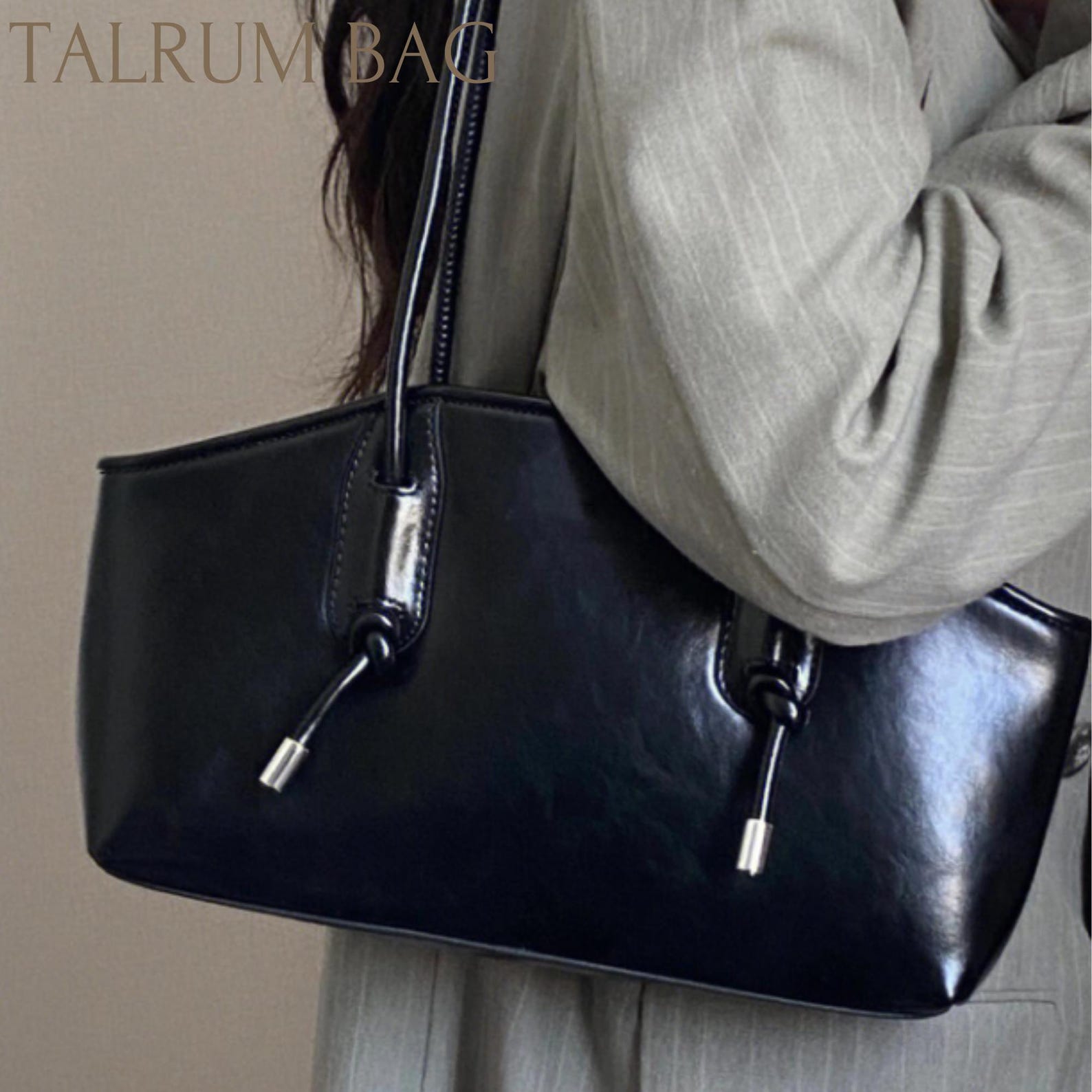 Shiny Bag Minimalist Black Shoulder Tote Bag With Knot Decor Elegant ...