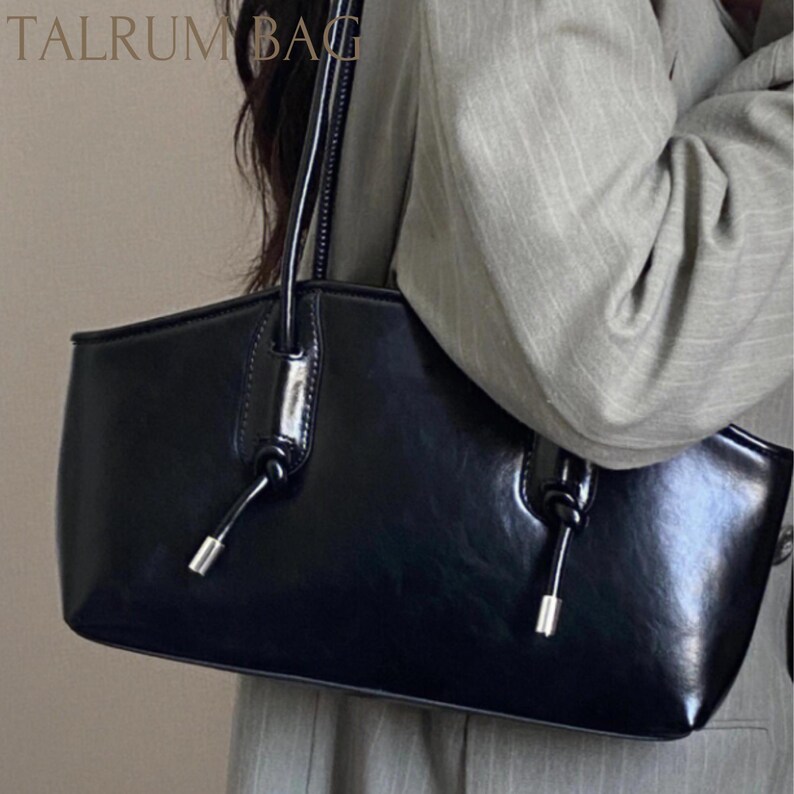Shiny Bag Minimalist Black Shoulder Tote Bag With Knot Decor Elegant ...