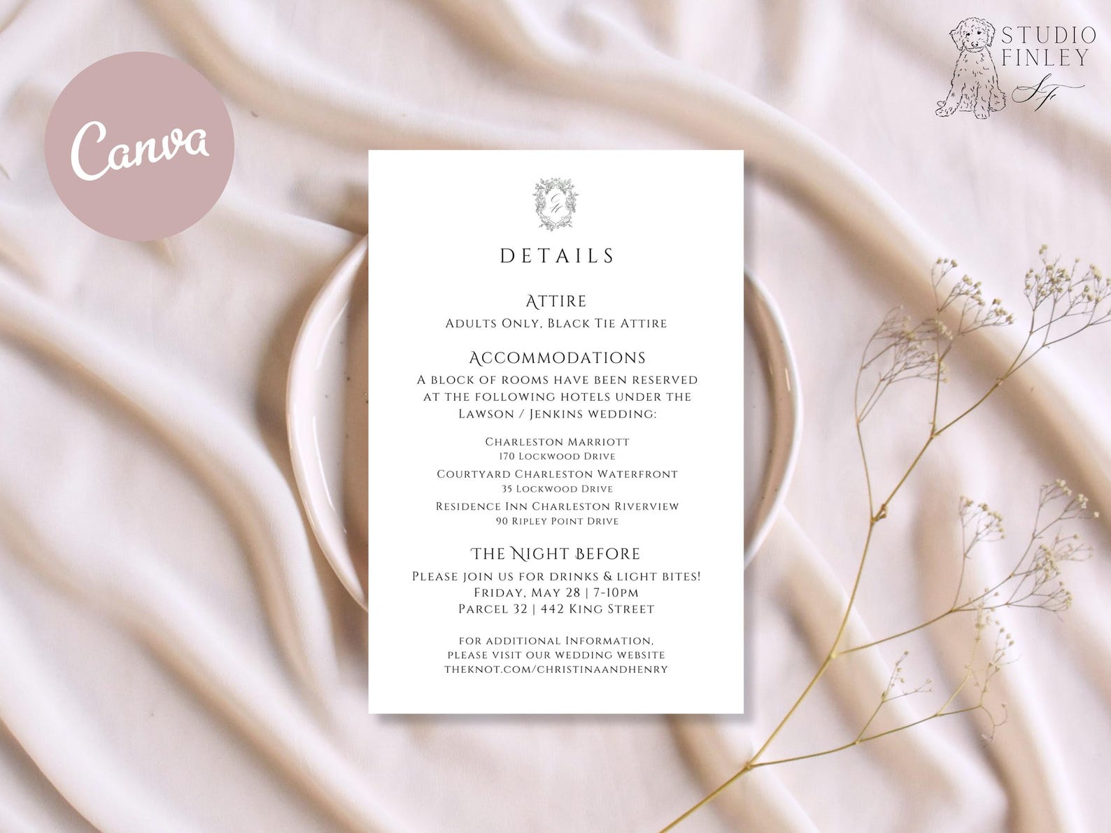 Wedding Details Card Template, Classic, Elegant Crest & Monogram ...
